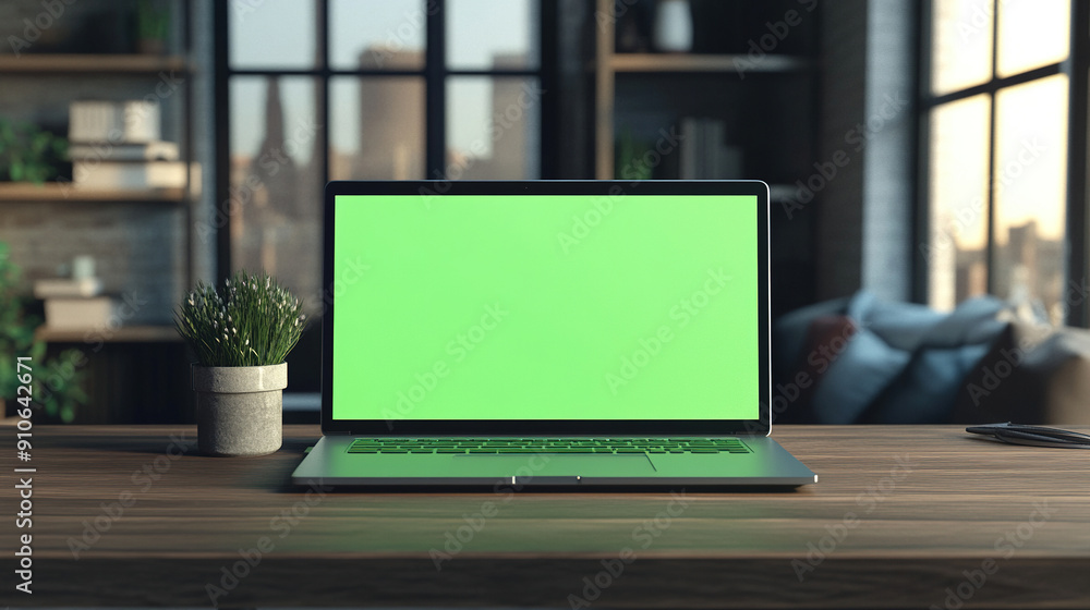 Shot of a laptop with green screen and window view with trees yard ...