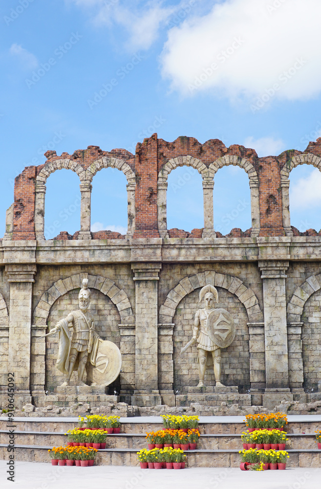 Greek Roman warriors and restored Roman walls tourist landscape ...