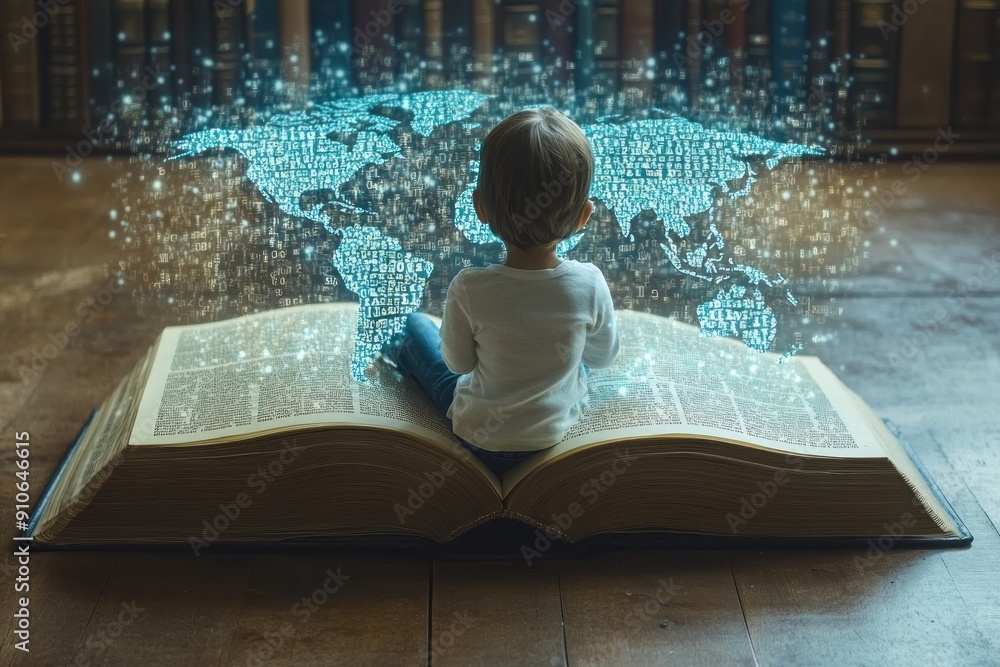 A 3D image of a child sitting on a giant open book, with pages turning ...