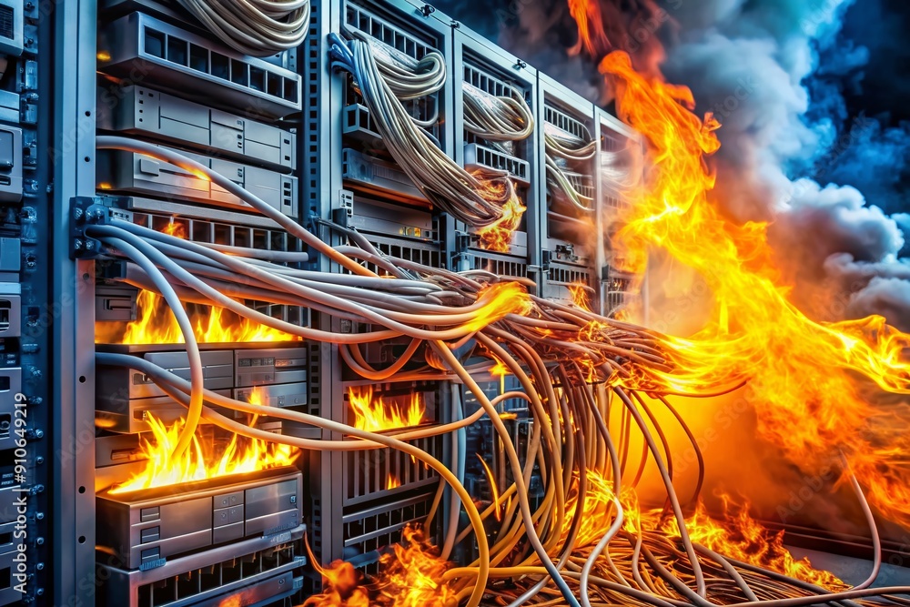 Flames erupt from burning servers, surrounded by tangled cables, as ...