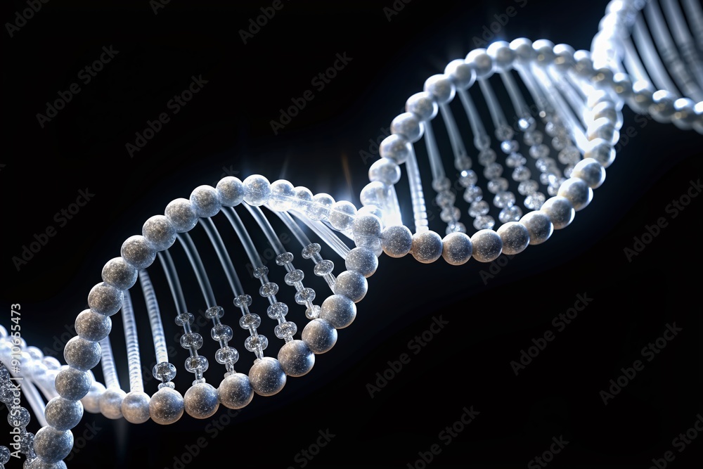 Illuminated white double helix DNA model on a black background ...