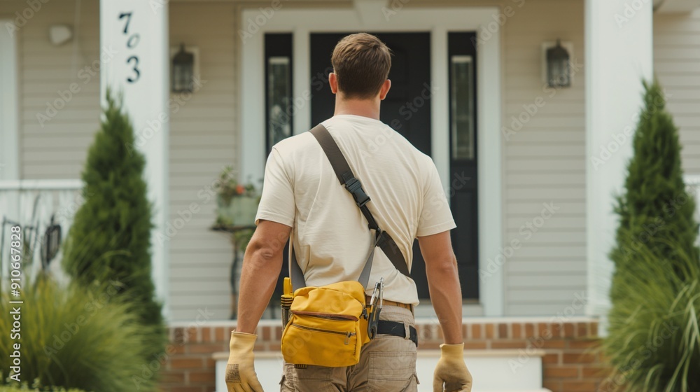 Home Improvement Hero: A confident handyman strides towards a suburban ...