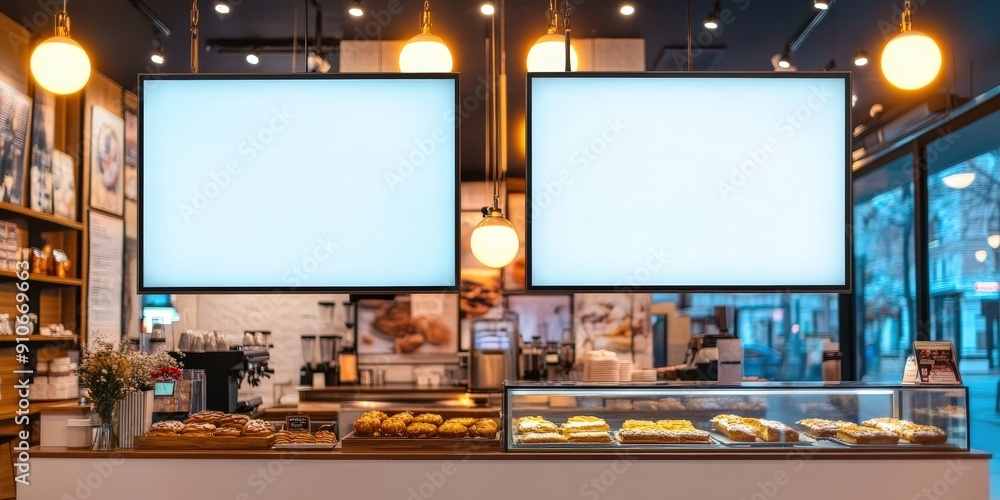 Blank Screens in a Bakery Shop,a restaurant with big screen banners ...