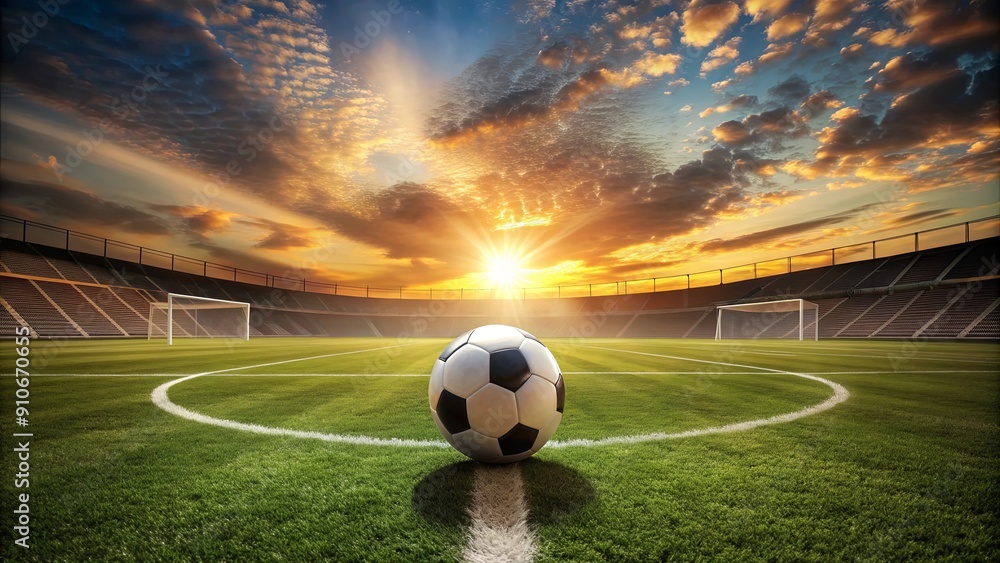 Textured soccer field in evening light with soccer ball at center ...