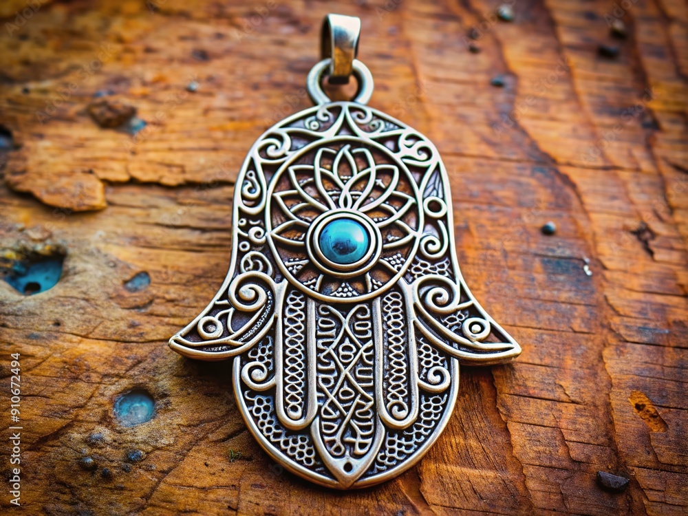 Delicately held in a gentle palm, a intricately designed Hamsa amulet ...