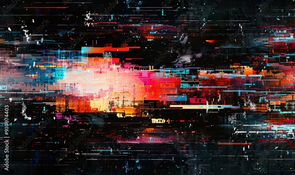 Horizontal distortion of broken video image on black background, VHS ...