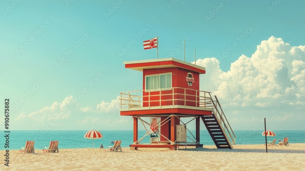 Retro beach lifeguard station with a classic tower, vintage rescue ...