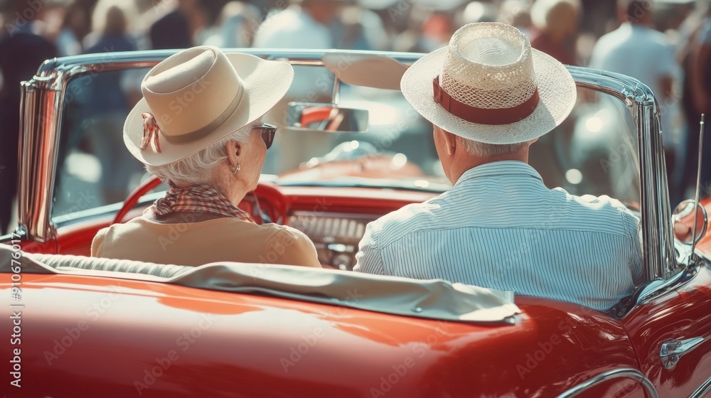 Retro couple attending a classic car show, with vintage vehicles ...