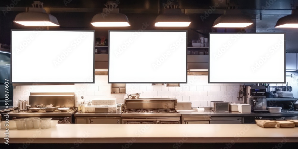 Blank Menu Boards in a Modern Restaurant Kitchen,a restaurant with big ...