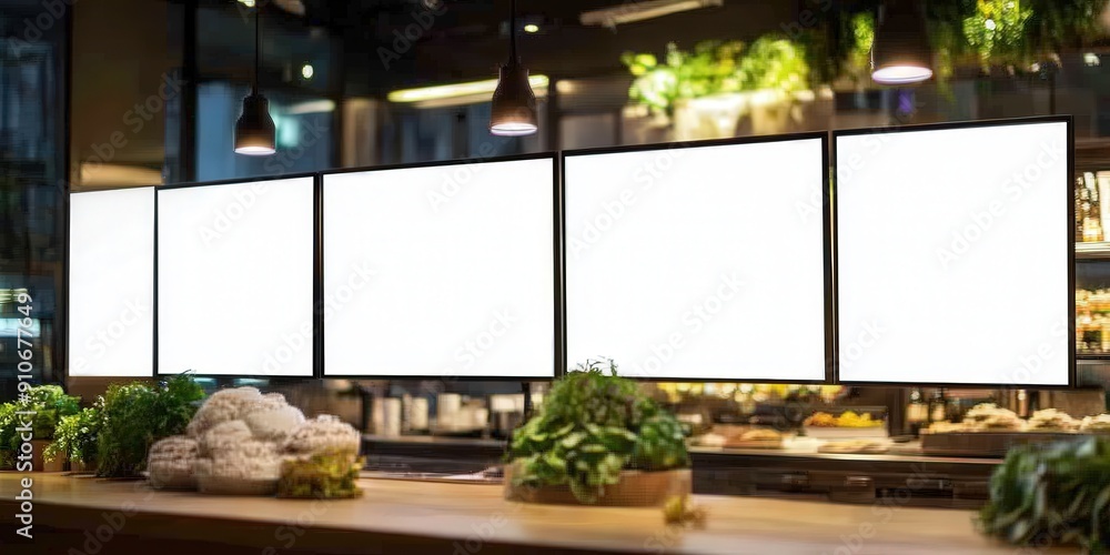 Blank White Screens in a Restaurant Setting,a restaurant with big ...