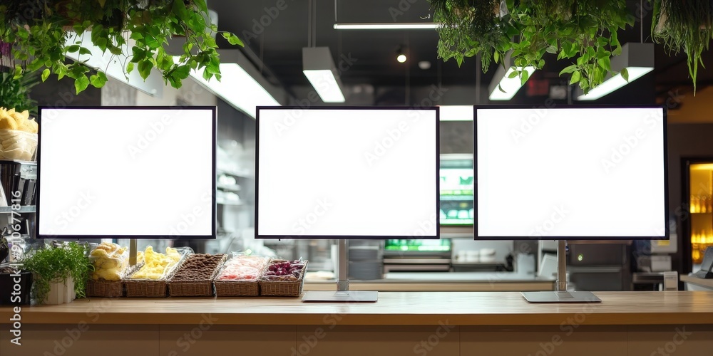 Three Blank Screens in a Modern Store,a restaurant with big screen ...