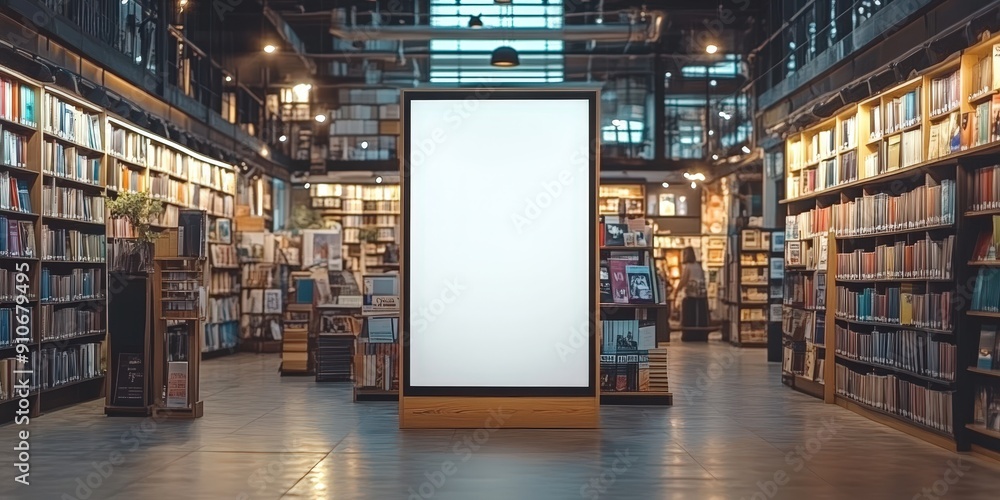 Blank Sign in a Modern Library,White blank billboard on bookstore, for ...