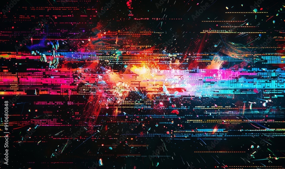 Horizontal distortion of broken video image on black background, VHS ...