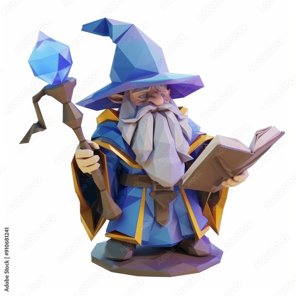 3D Render, Low Poly style of a dwarf mage with a spellbook and magical ...