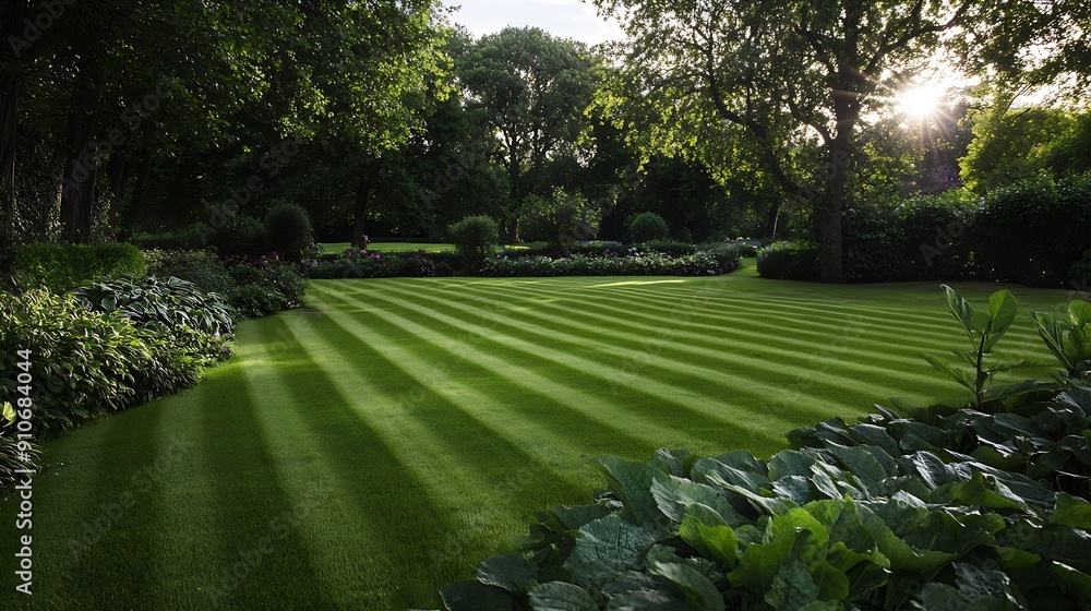 Scenic view of a beautiful English style landscape garden with a ...