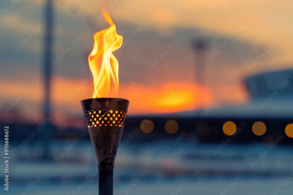 Fiery Olympic Torch illuminating blurred sports arena with space for ...