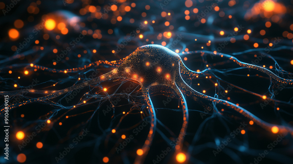 The image portrays a detailed, glowing neural network with bright ...