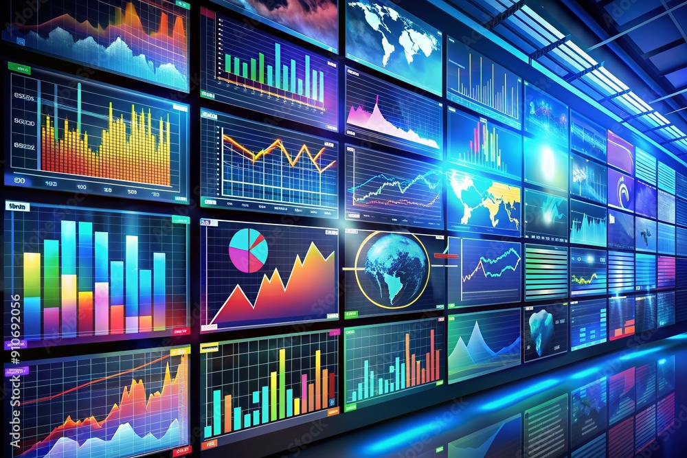 Array of multiple digital screens displaying various colorful graphs ...