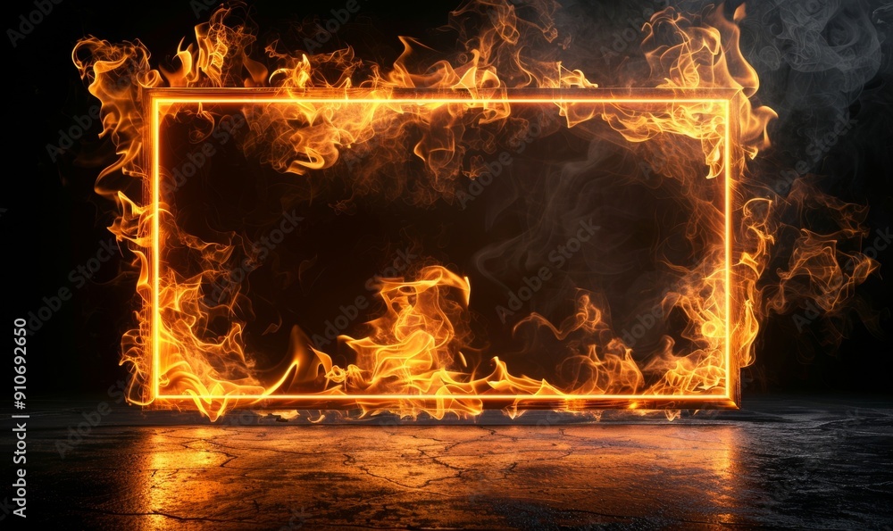 Empty frame with fire border glowing, burning flame signboard. Blank ...