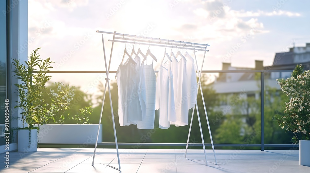 Drying rack standing on the terrace on a sunny day for drying different ...