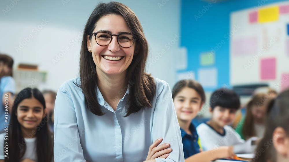 Portrait teacher and students in classroom for lesson learning and ...