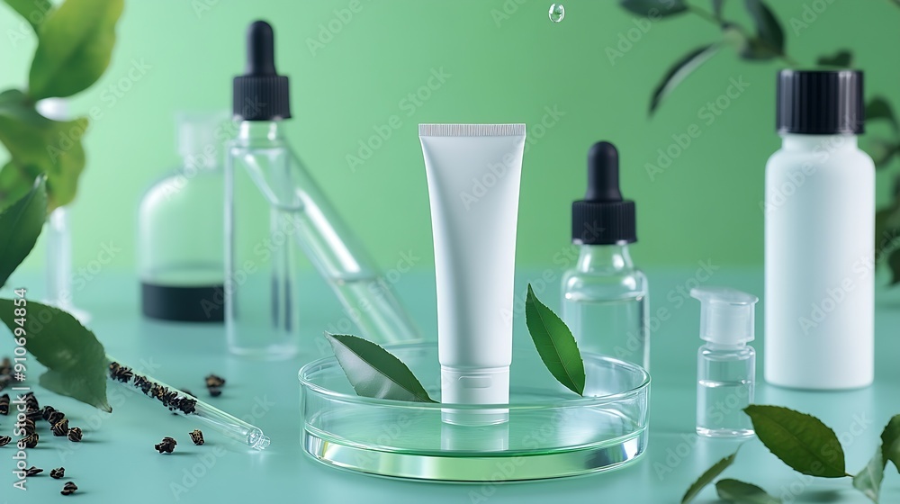 The sample tube of cosmetic without label displayed in center petri ...