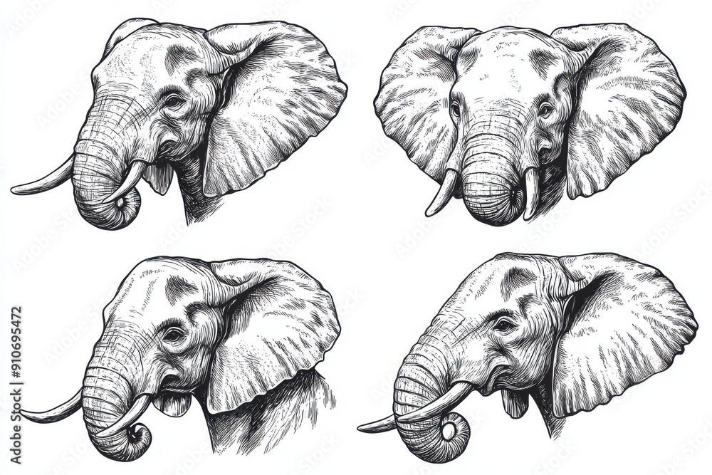 Black and white Vintage engraved art of set of different profile angles ...