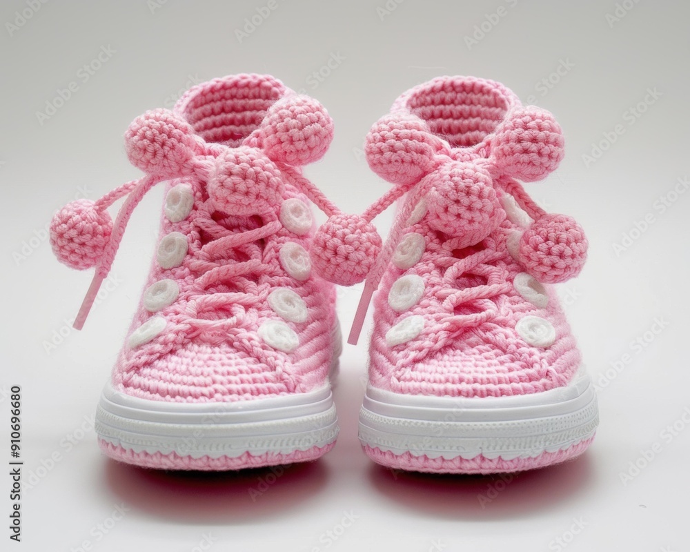 Handmade pink baby booties with white soles and white pom poms. AI ...