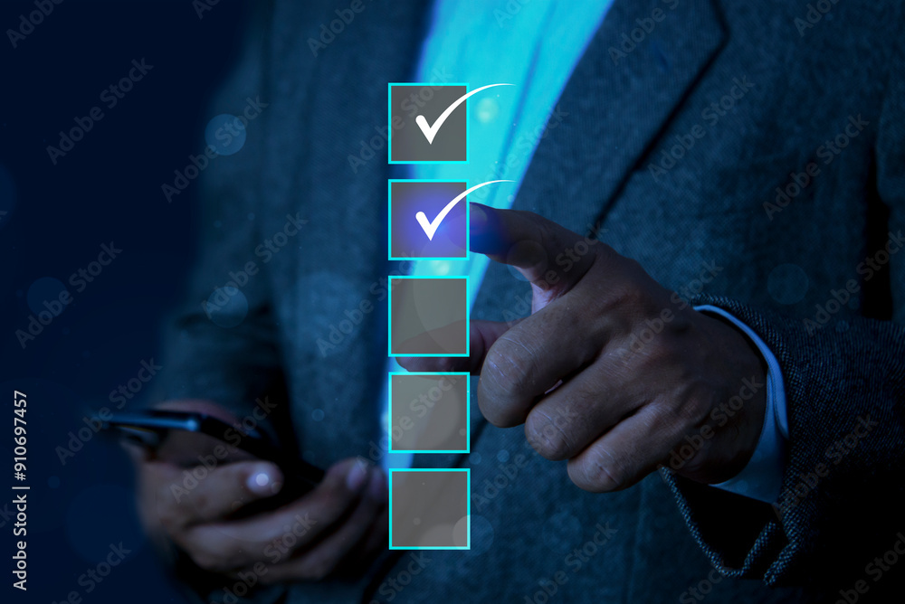 Businessman tick correct sign mark for document approval or electronic ...