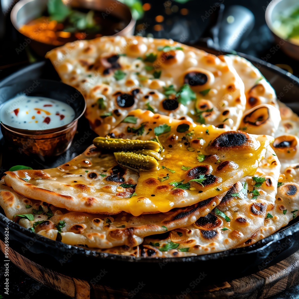 Indian paratha dripping with ghee, served with salty pickles, homely ...