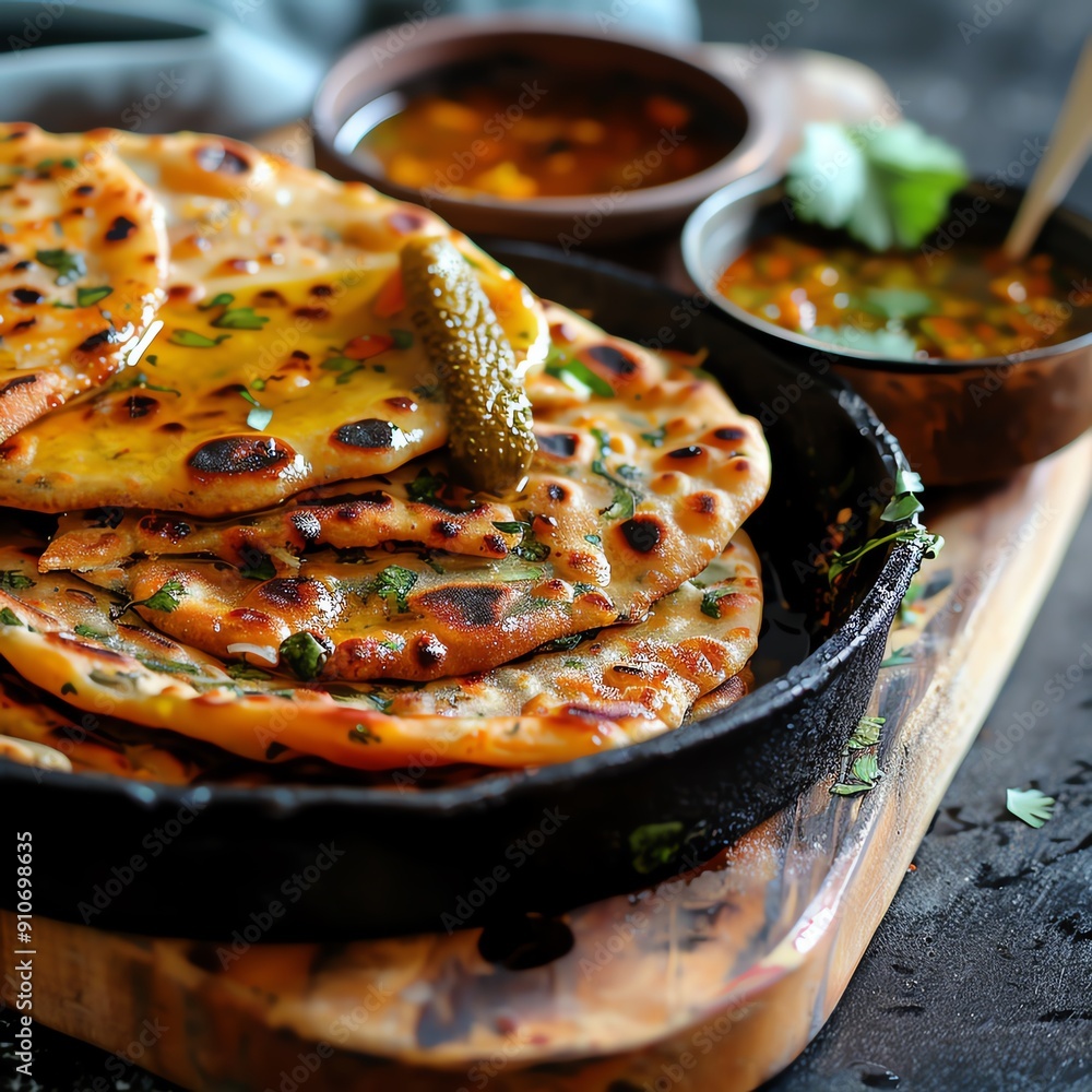 Indian paratha dripping with ghee, served with salty pickles, homely ...