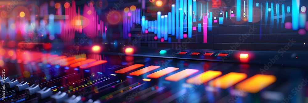 Vibrant audio mixer interface showcasing colorful lights and sound wave ...