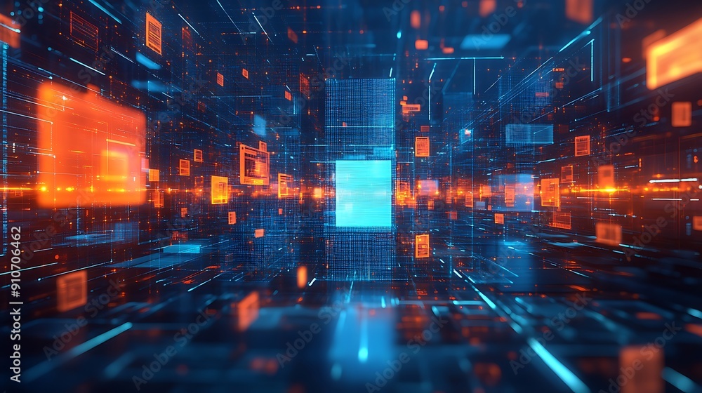 Abstract network grid with files and folders, futuristic software ...