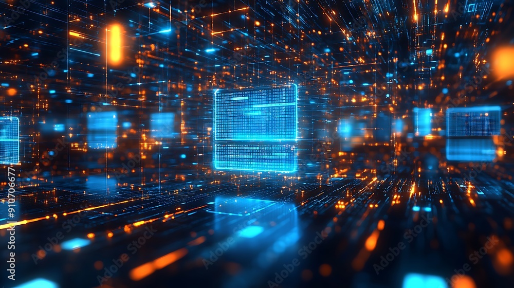 Abstract network grid with files and folders, futuristic software ...