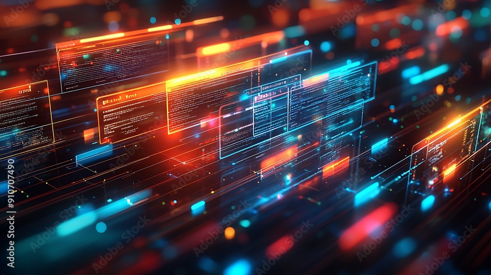 Abstract network grid with files and folders, futuristic software ...