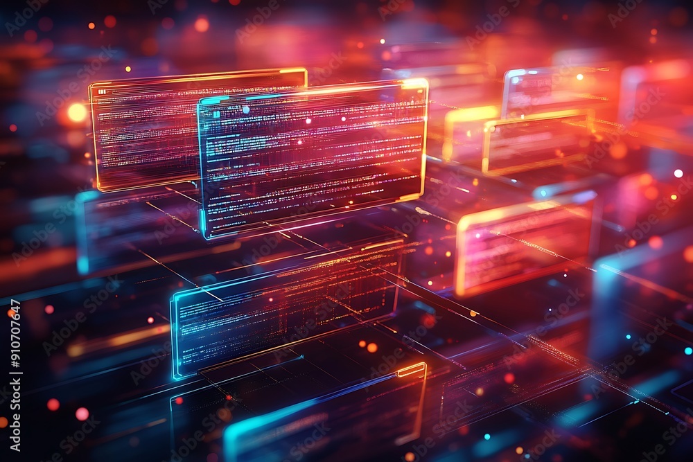 Abstract network grid with files and folders, futuristic software interface, digital document ...