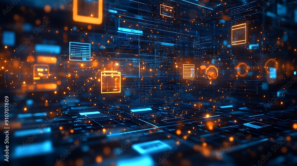 Abstract network grid with files and folders, futuristic software ...