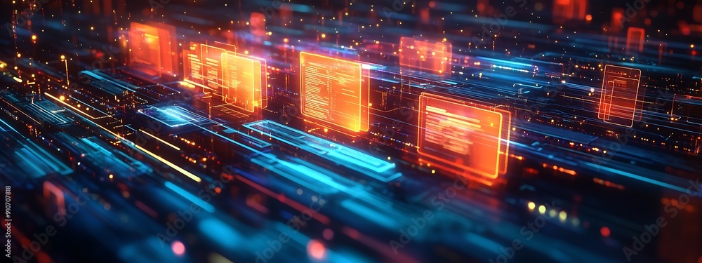 Abstract network grid with files and folders, futuristic software interface, digital document ...