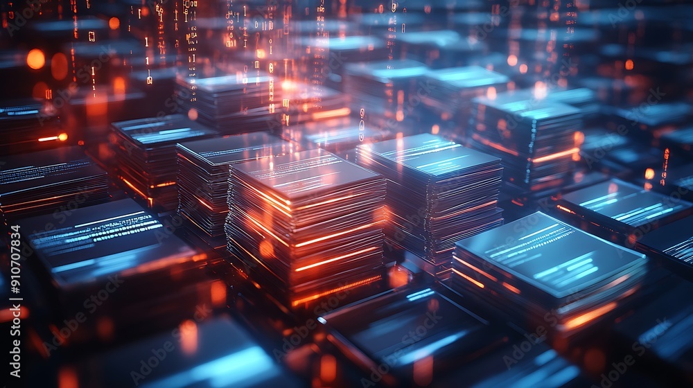 Abstract network grid with files and folders, futuristic software interface, digital document ...