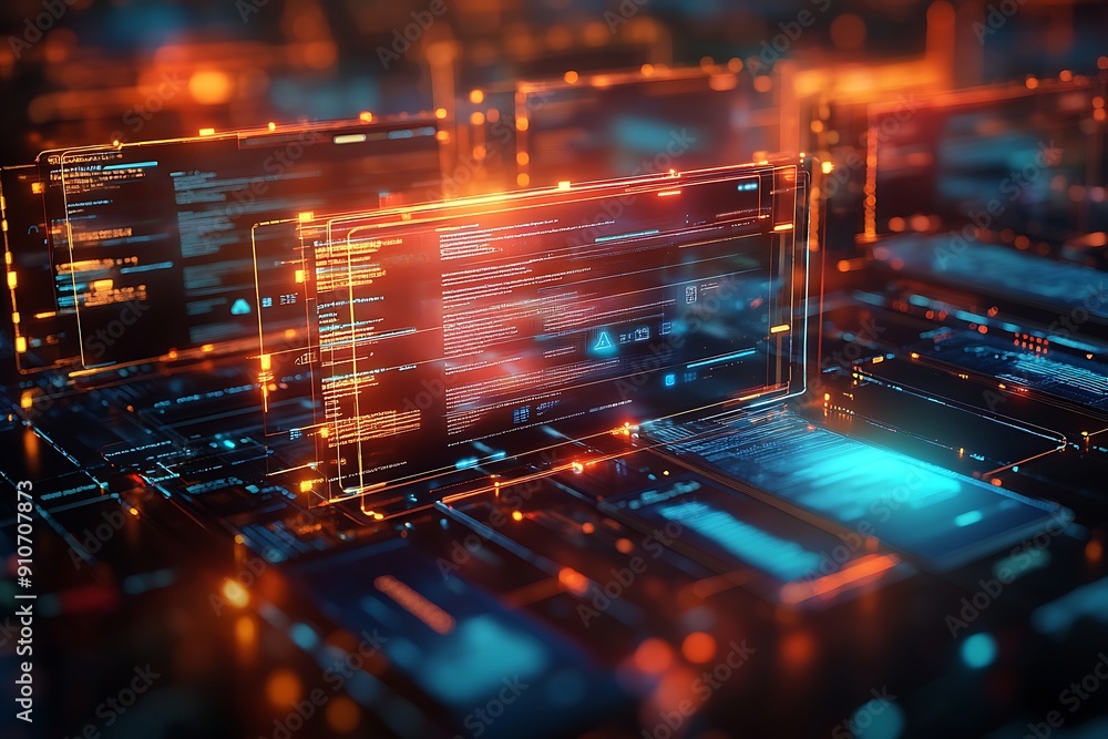 Abstract network grid with files and folders, futuristic software interface, digital document ...