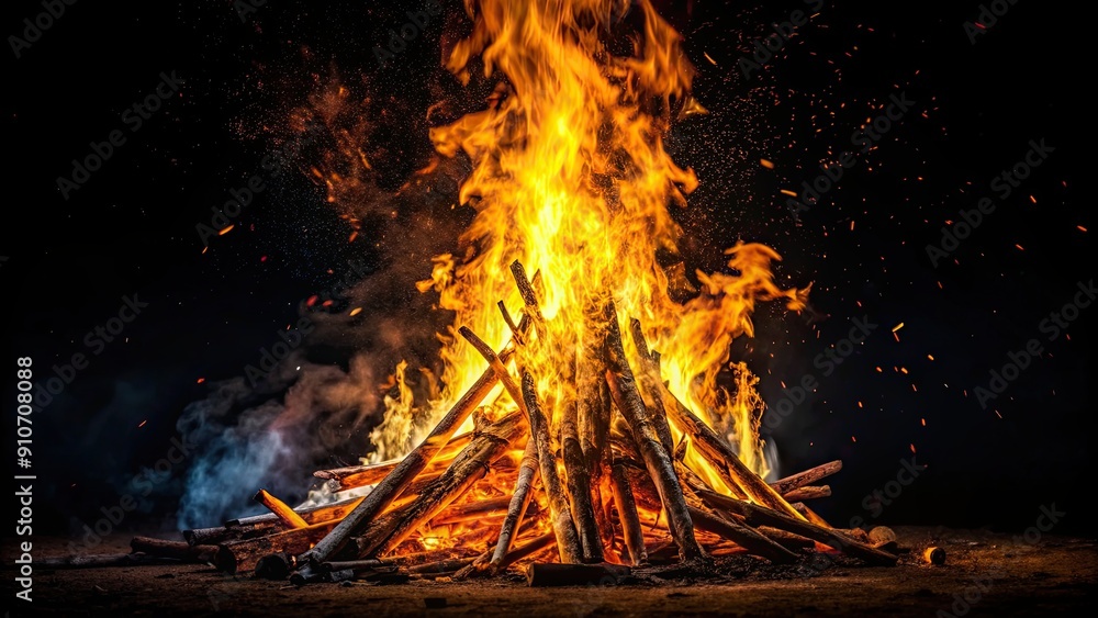 Raging bonfire flames with wood sticks and sparks on black background ...