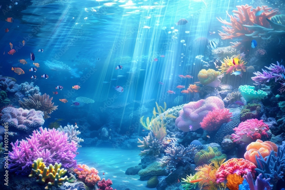 Underwater scene showcasing vibrant coral reefs and diverse marine life ...