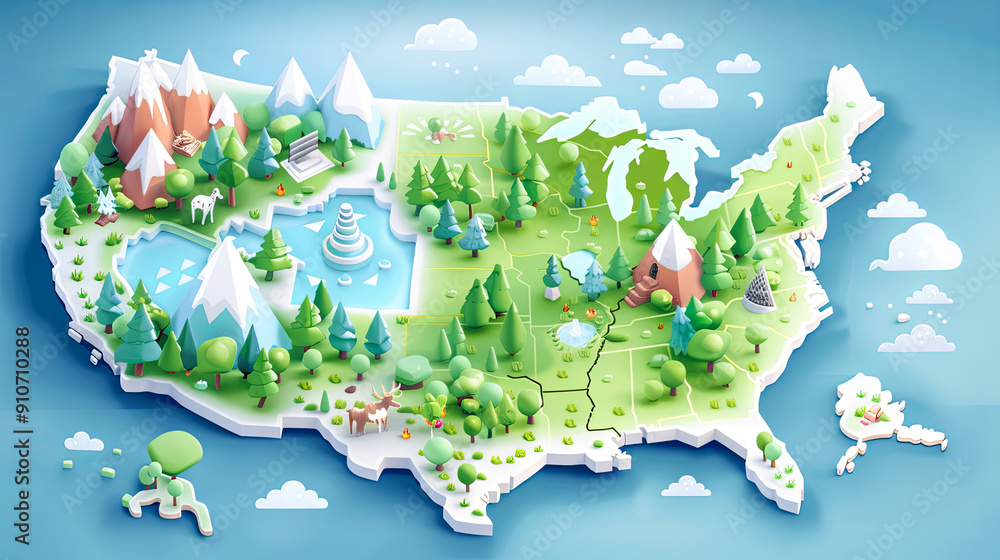 Three dimensional USA map with cartoon nature elements mountains trees ...
