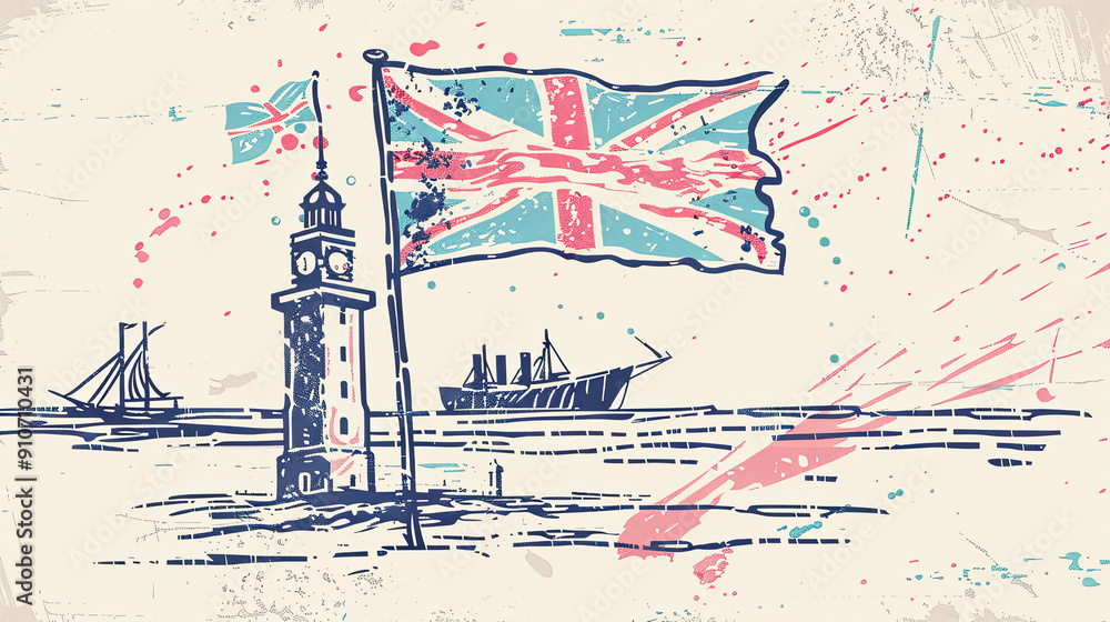 Vintage British seaside illustration Great Britain flag waving ...