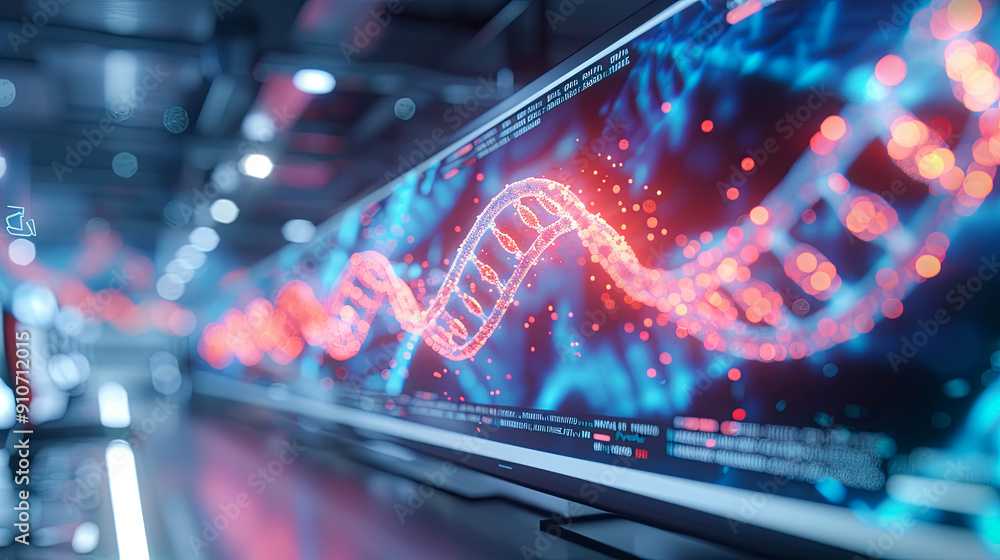 Digital DNA strand on computer screen science genetic engineering ...