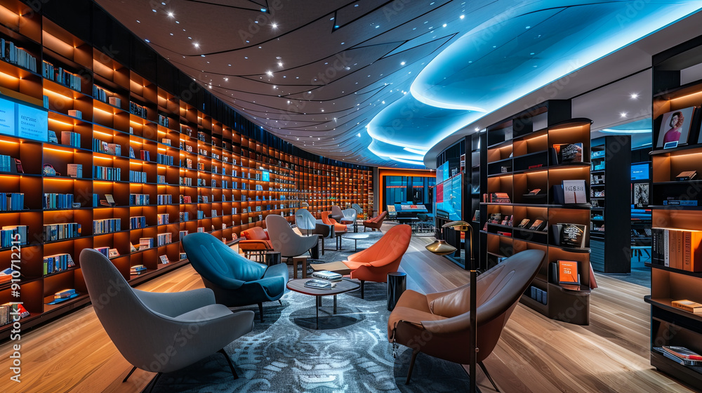 Modern library interior with bookshelves lounge chairs reading room ...