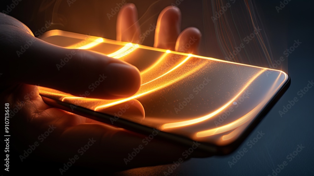 The hand holds a realistic cell phone with a bright screen saver on the ...