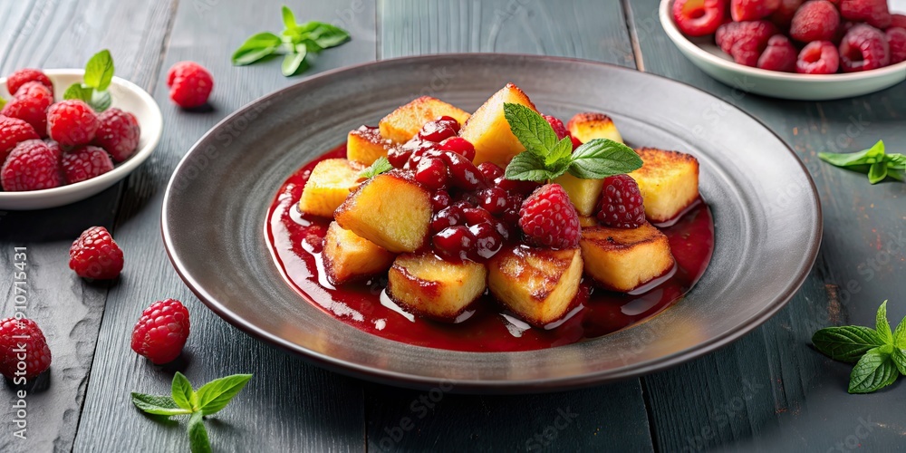 Delicious pan-fried hotate with sweet raspberry sauce , food, dish, pan ...