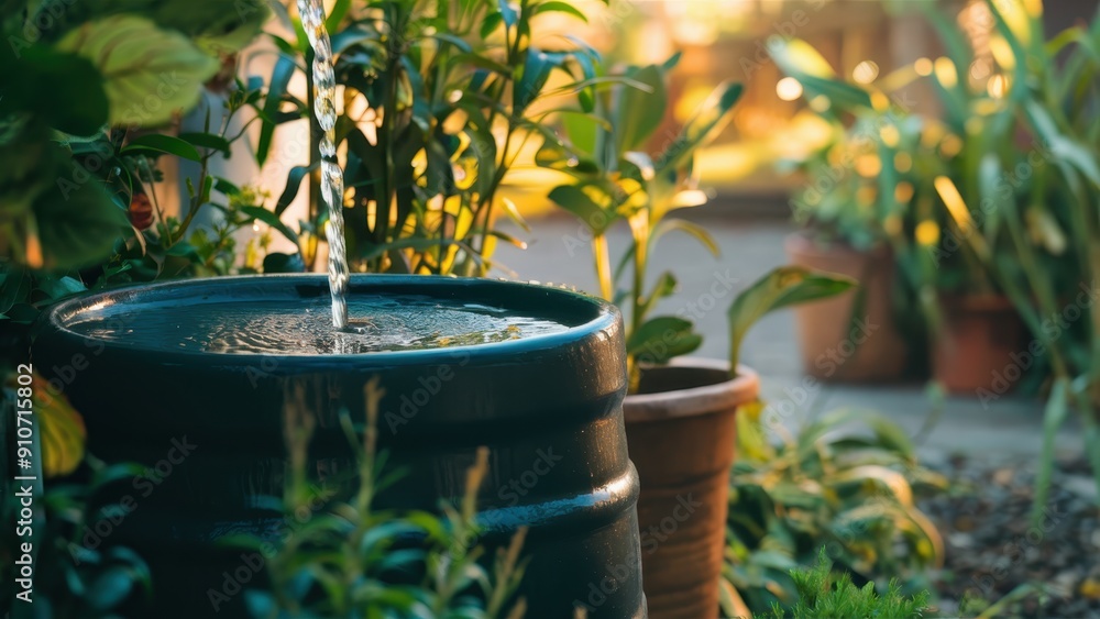 rainwater harvesting system in the garden with barrel, ecological ...