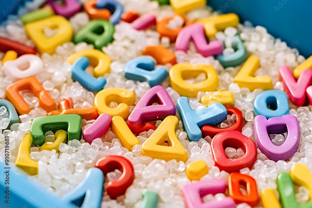 Colorful letters of the alphabet in sensory bin. Primary school or ...